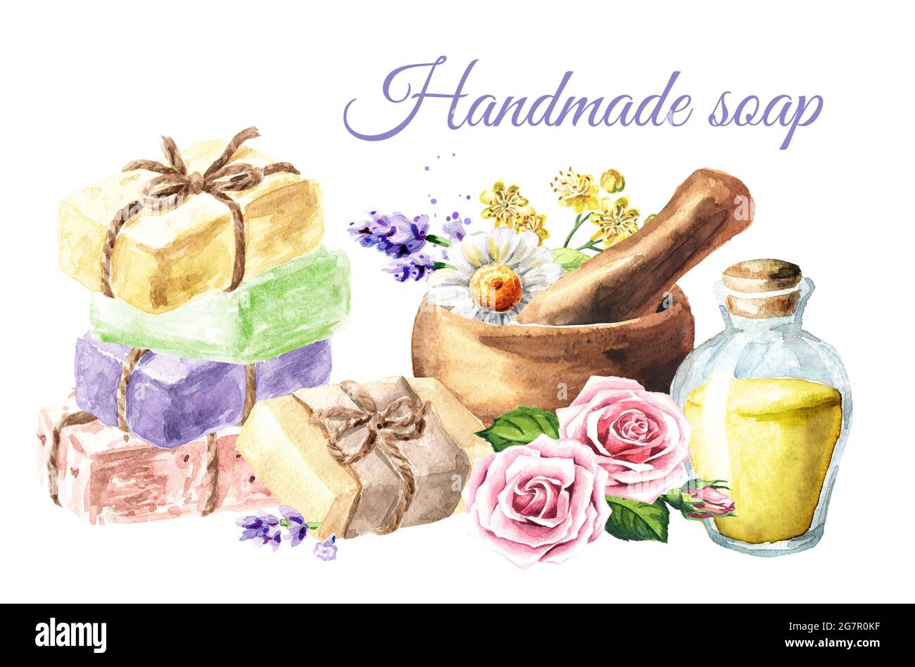 Natural handmade herbal soap card. Watercolor hand drawn illustration ...