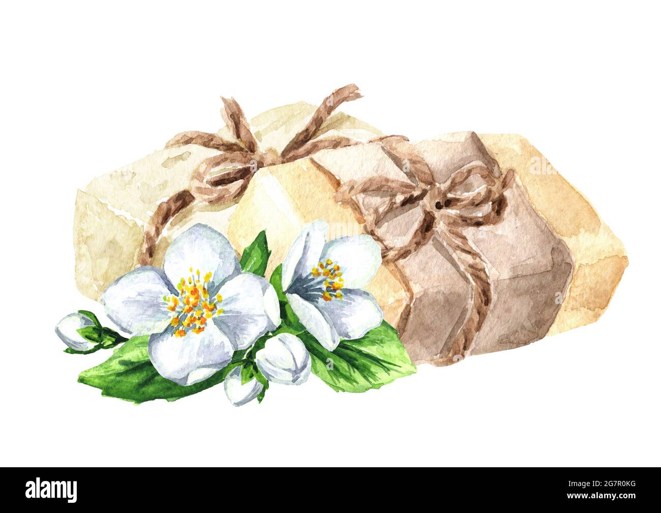 Natural handmade soap with jasmine flowers. Watercolor hand drawn ...