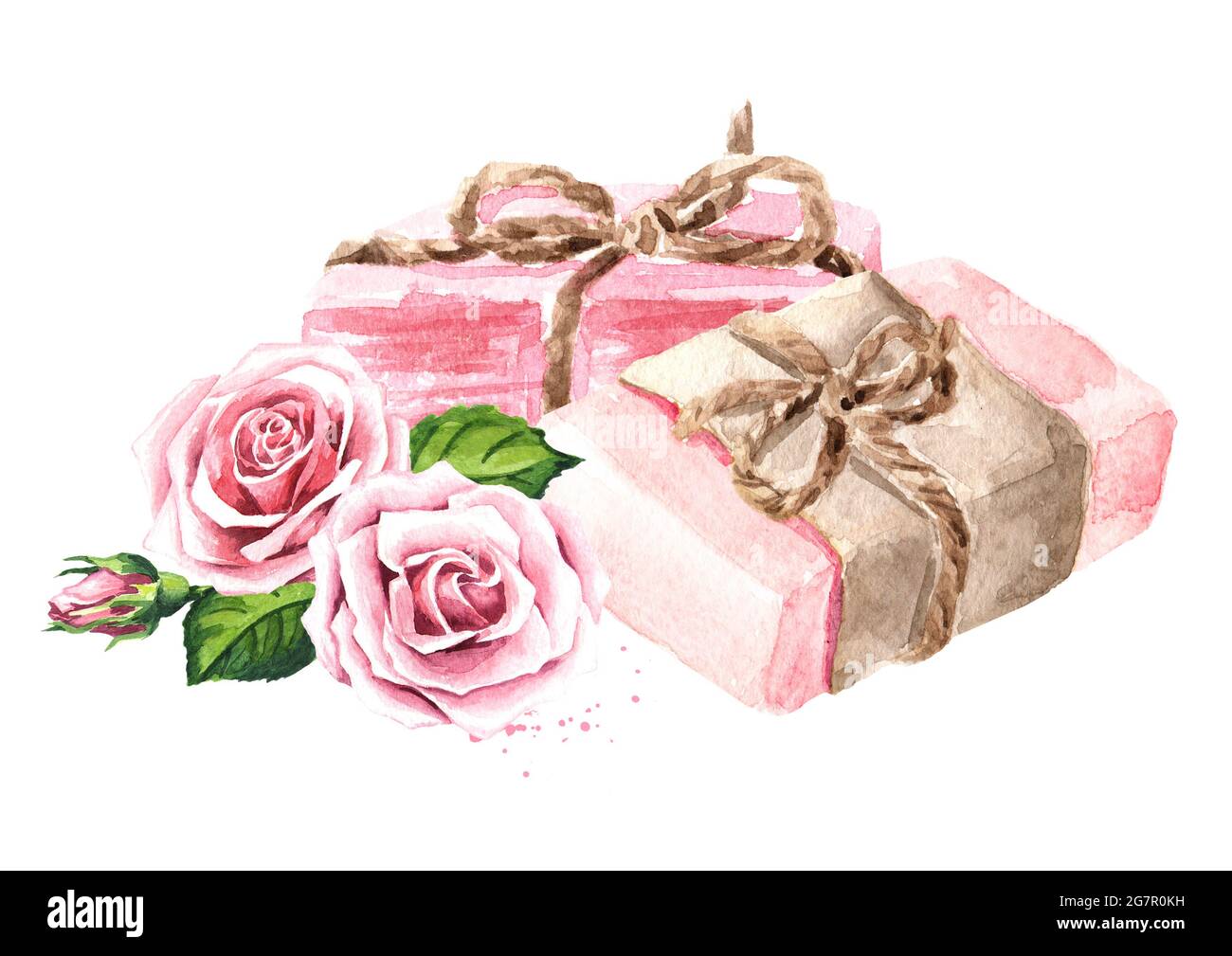 Natural handmade rose soap with flowers. Watercolor hand drawn ...
