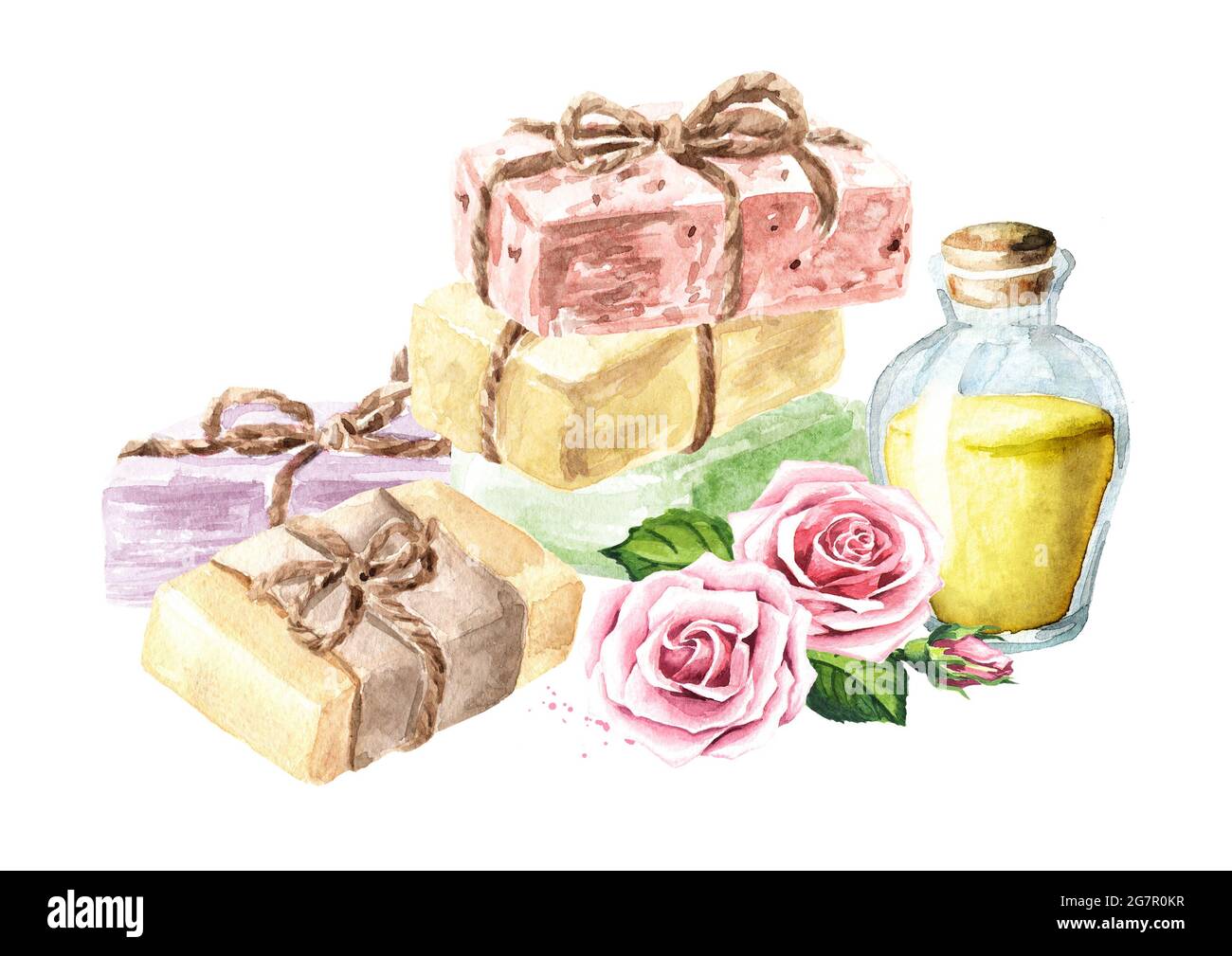 Natural handmade soap, with essential oil and rose flowers. Watercolor ...