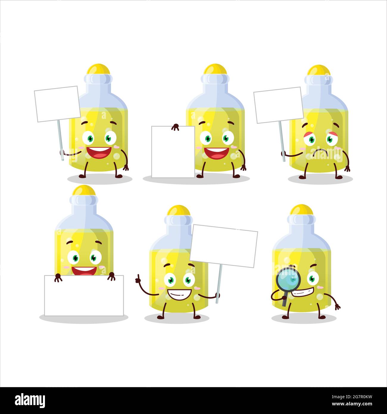 Yellow magic potion cartoon character bring information board. Vector ...