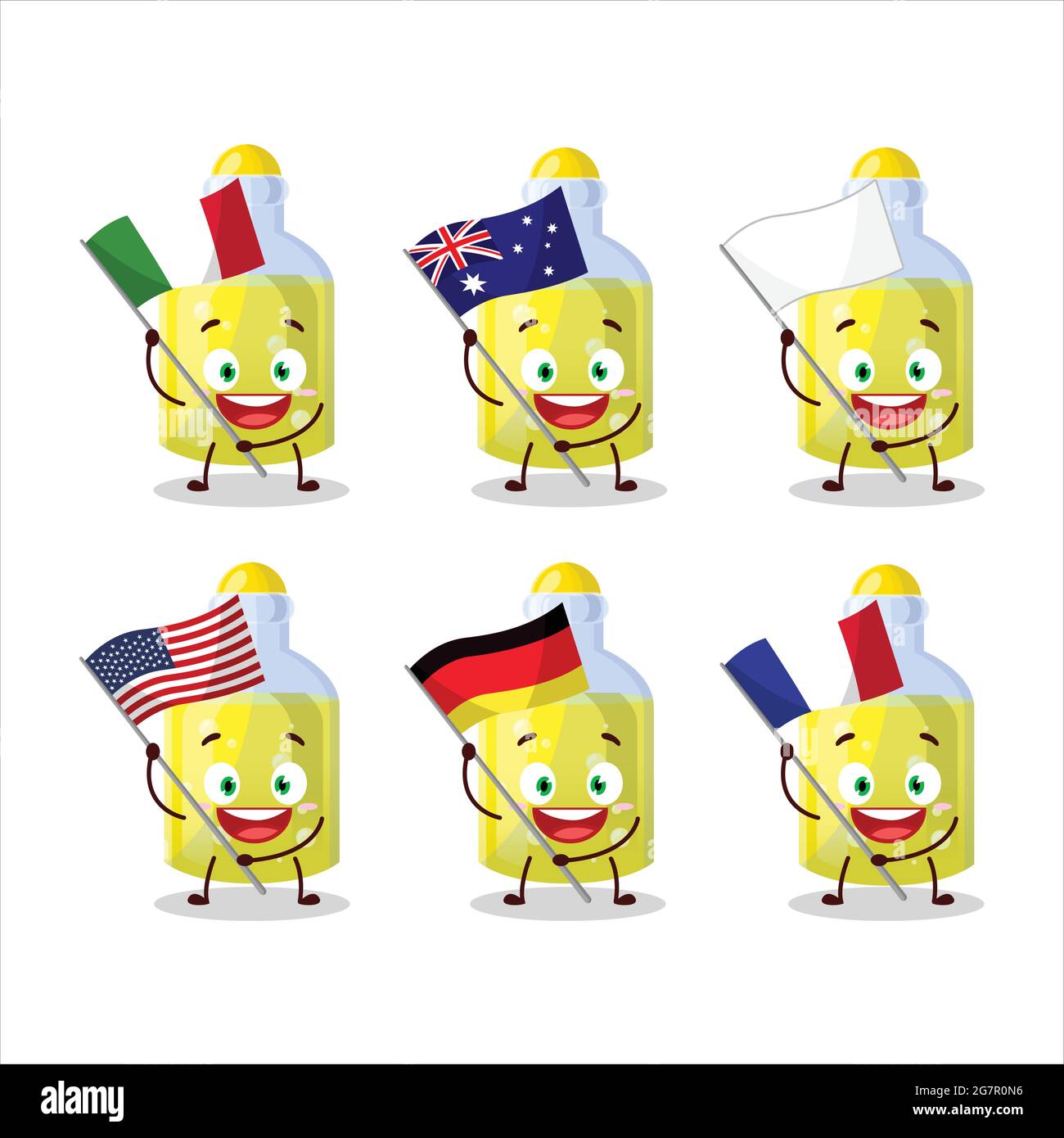 Yellow magic potion cartoon character bring the flags of various ...