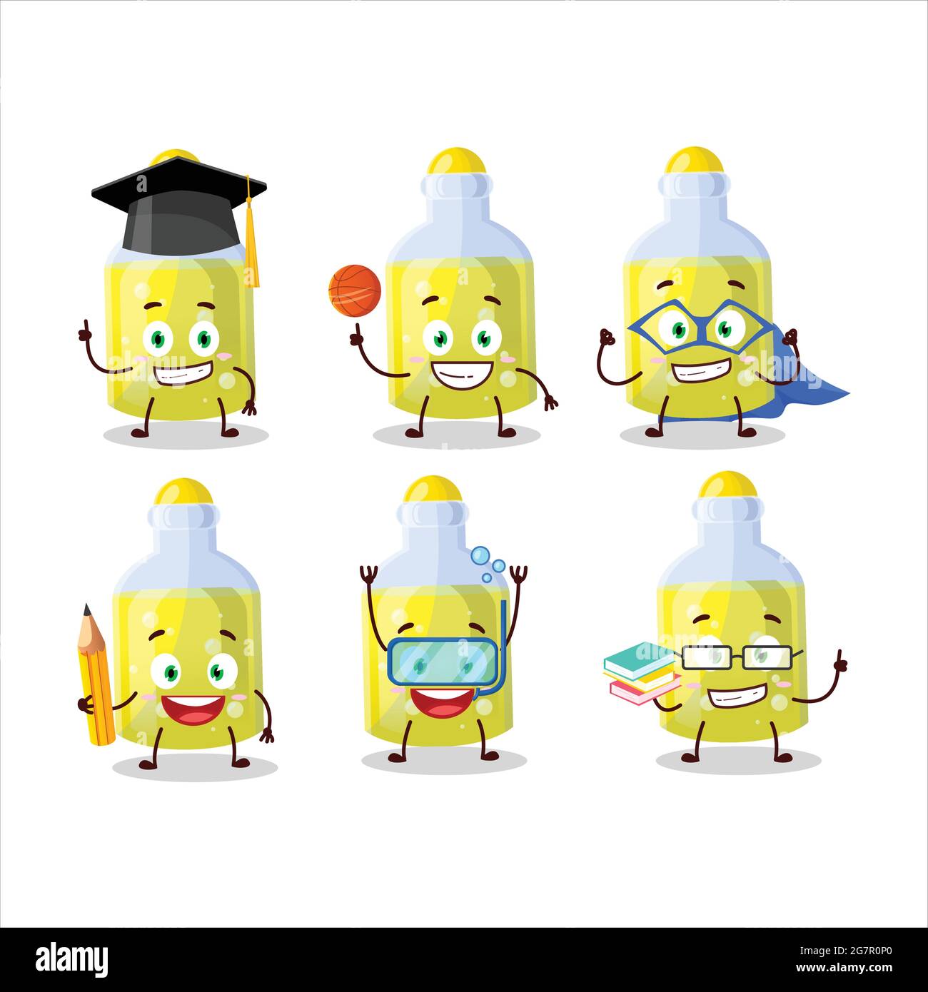 School student of yellow magic potion cartoon character with various ...