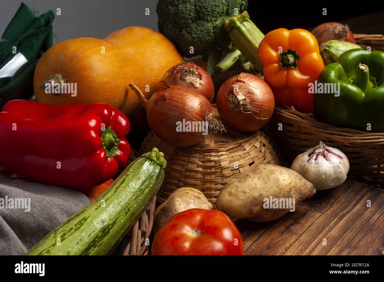 Shot of the vegetables gathered together including pepper, broccoli ...