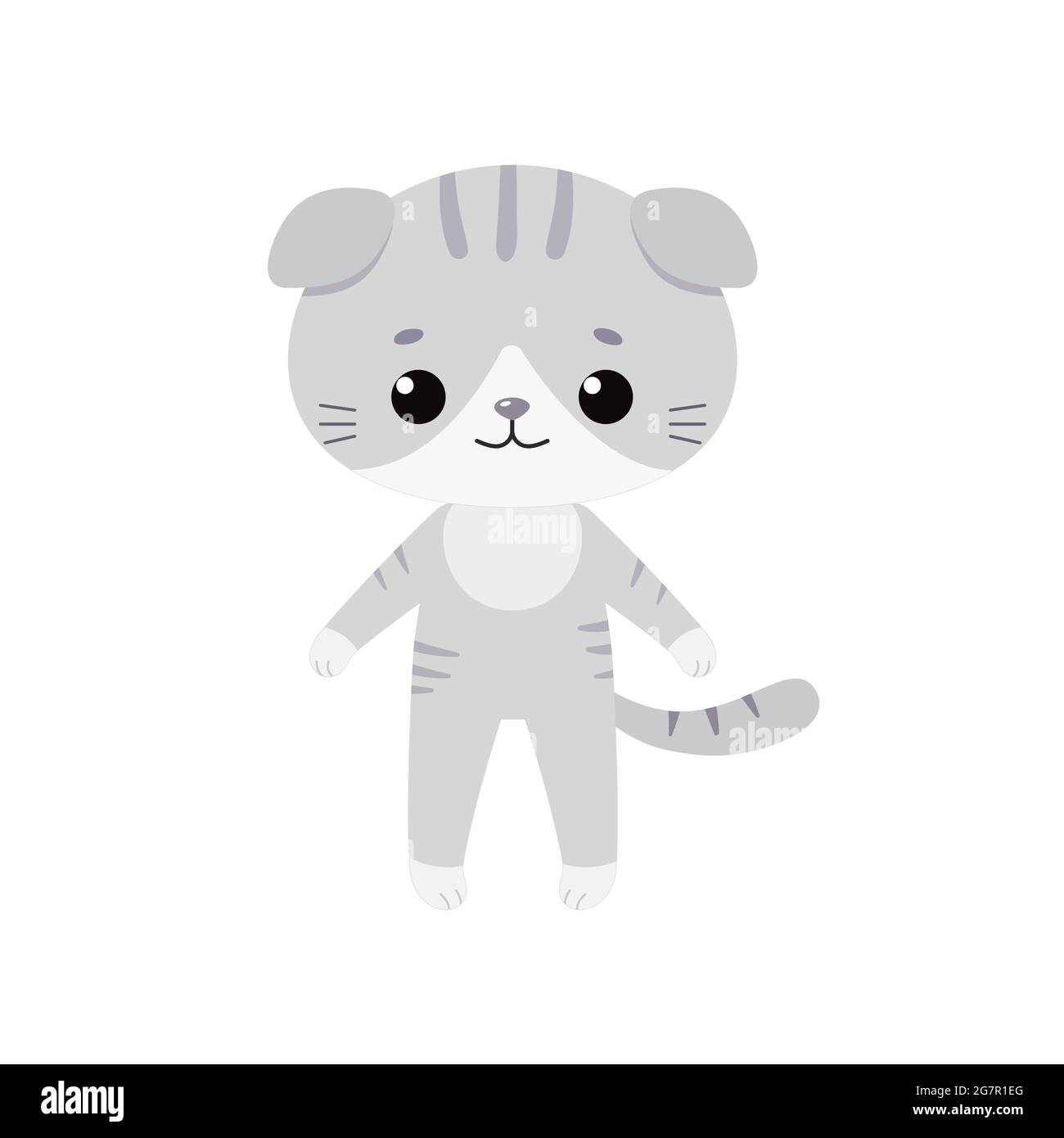 Cute sad kawaii cat stands isolated on white background. Cartoon flat ...