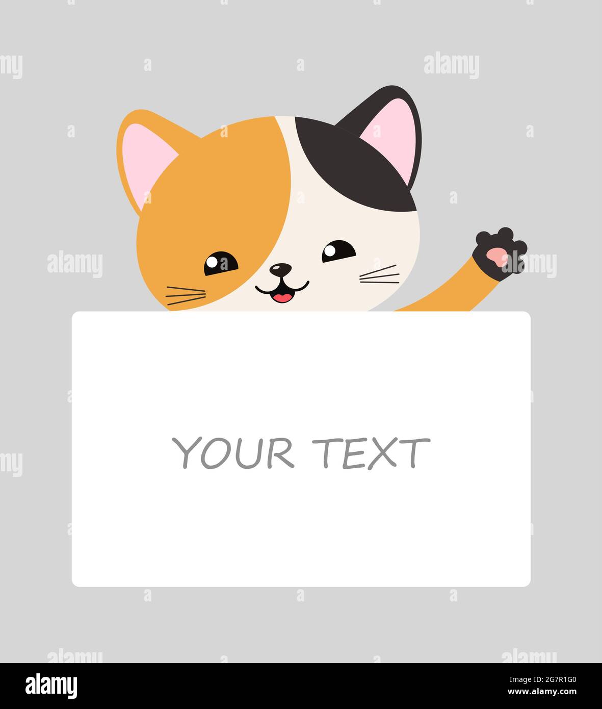 Card with cute kawaii calico cat. Place for your text. Cartoon flat ...