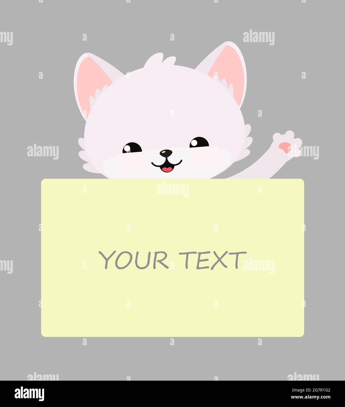 Card with cute kawaii white cat. Place for your text. Cartoon flat ...