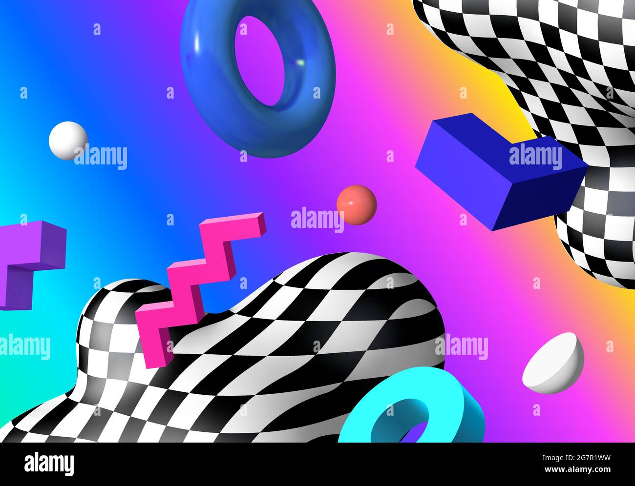 Abstract background with flying colorful 3D geometric shapes over ...