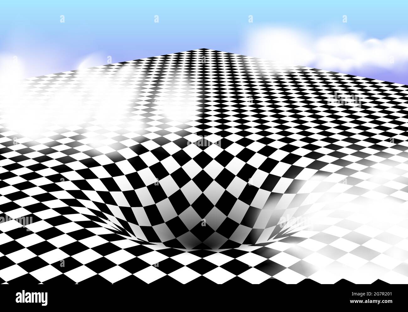 Abstract checkered board background with round pit or hole and corner ...