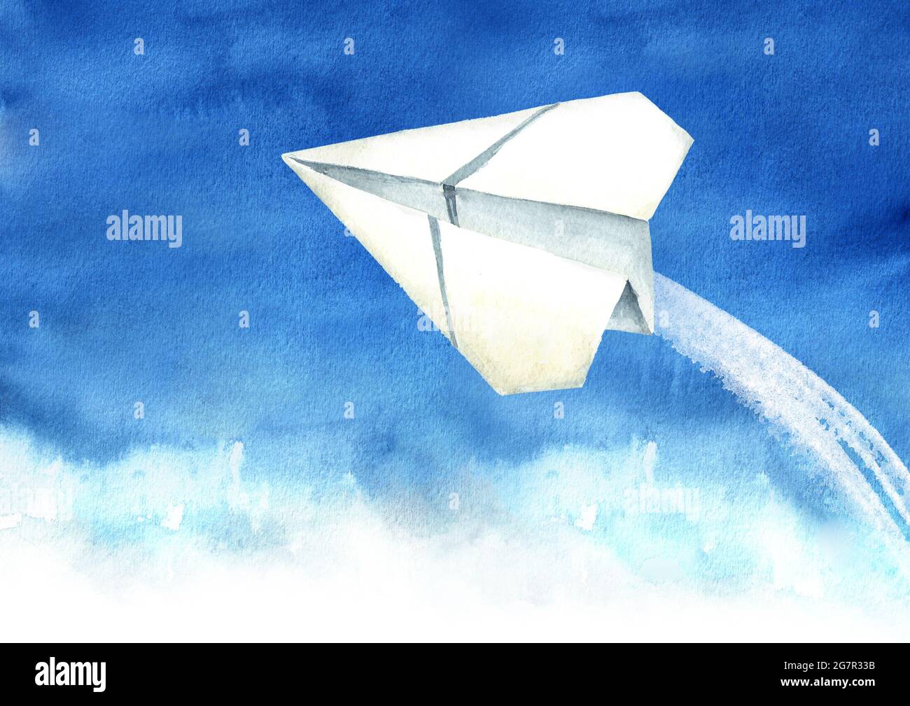 Paper plane in the blue sky, Travel concept, Watercolor hand drawn ...