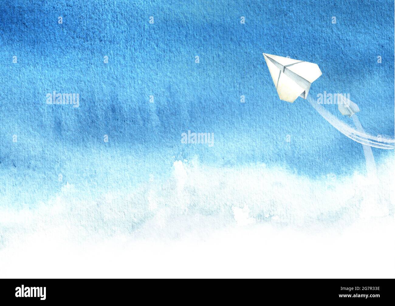 Two Paper planes in the blue sky, Travel concept, Watercolor hand drawn ...