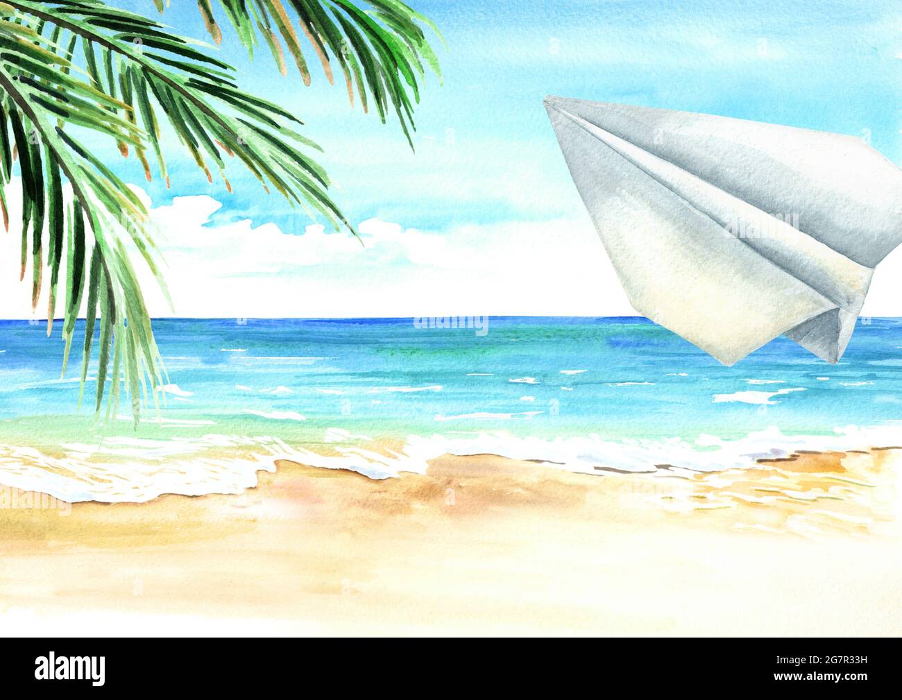 Paper plane in the blue sky over the sea and beach, Travel concept ...
