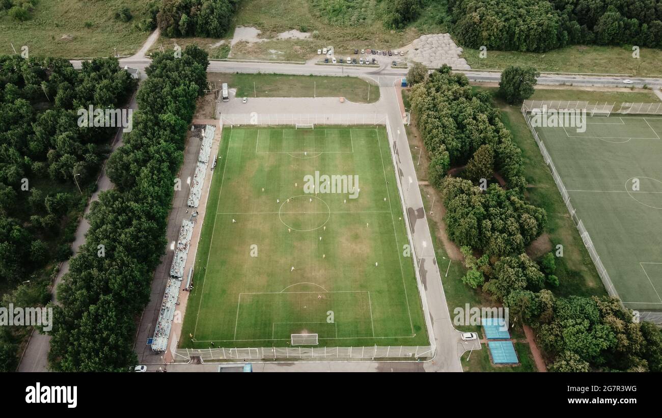 Areal view on football pitch in the forest. Football concept Stock ...