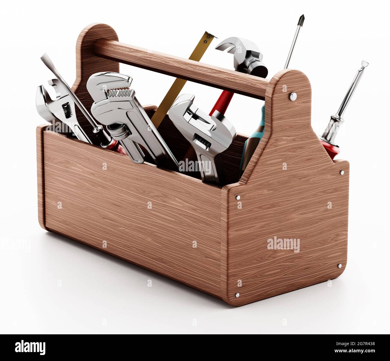 Wooden toolbox with various hand tools isolated on white background. 3D ...