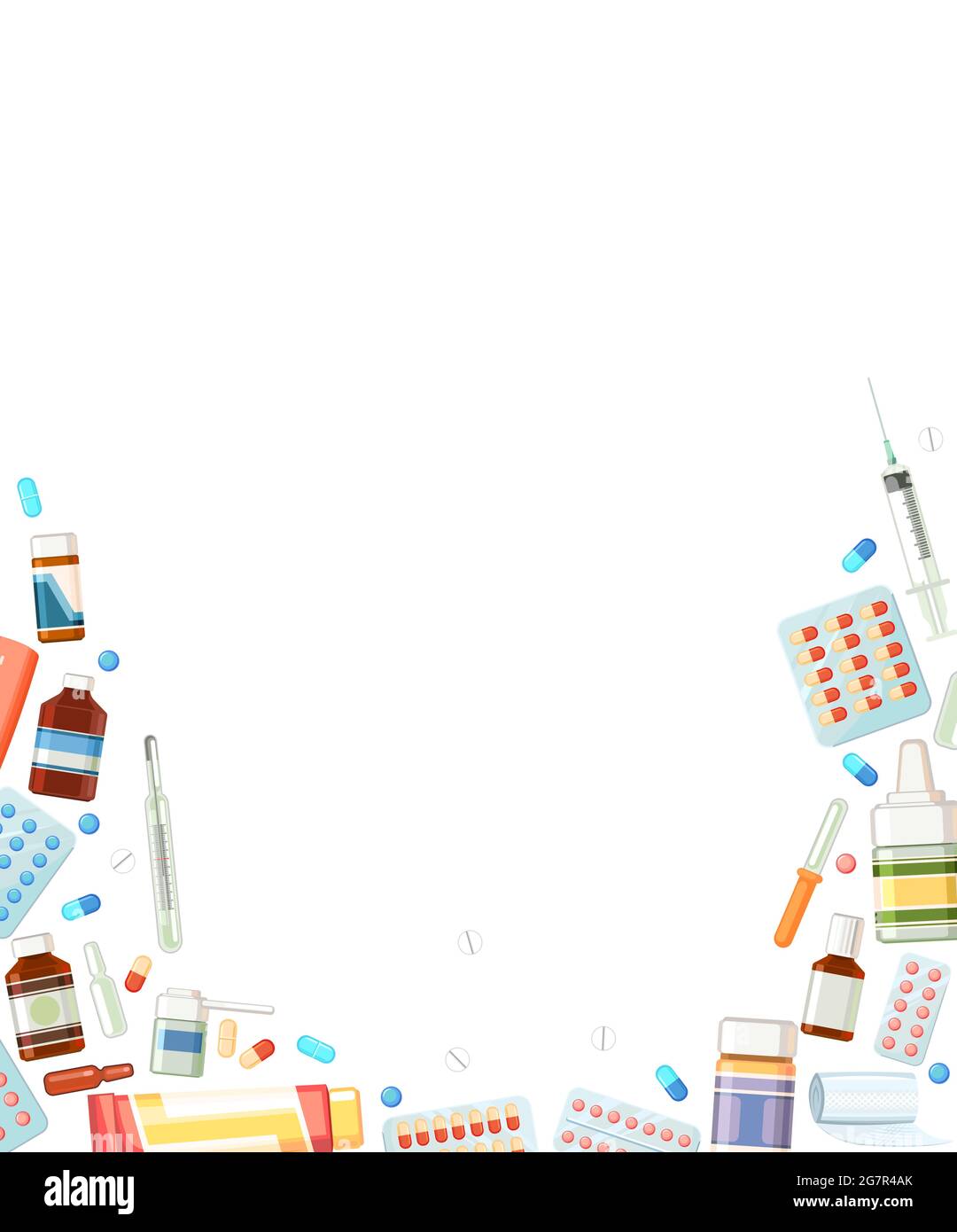 Medicines frame. Illustration with pills, capsules, thermometer ...