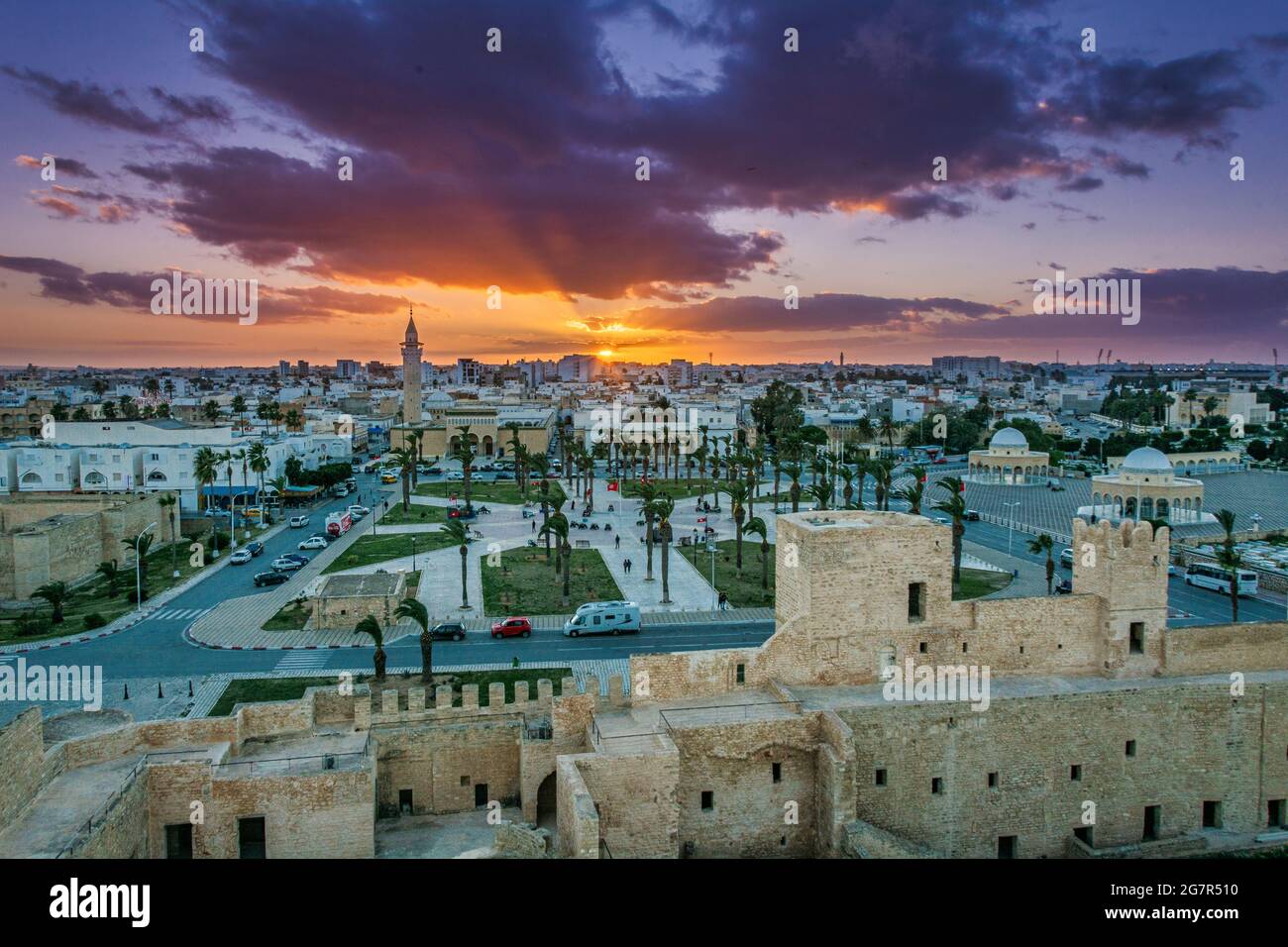 Sunset over the Medina (cold city centre) of Monastir in Tunisia as ...