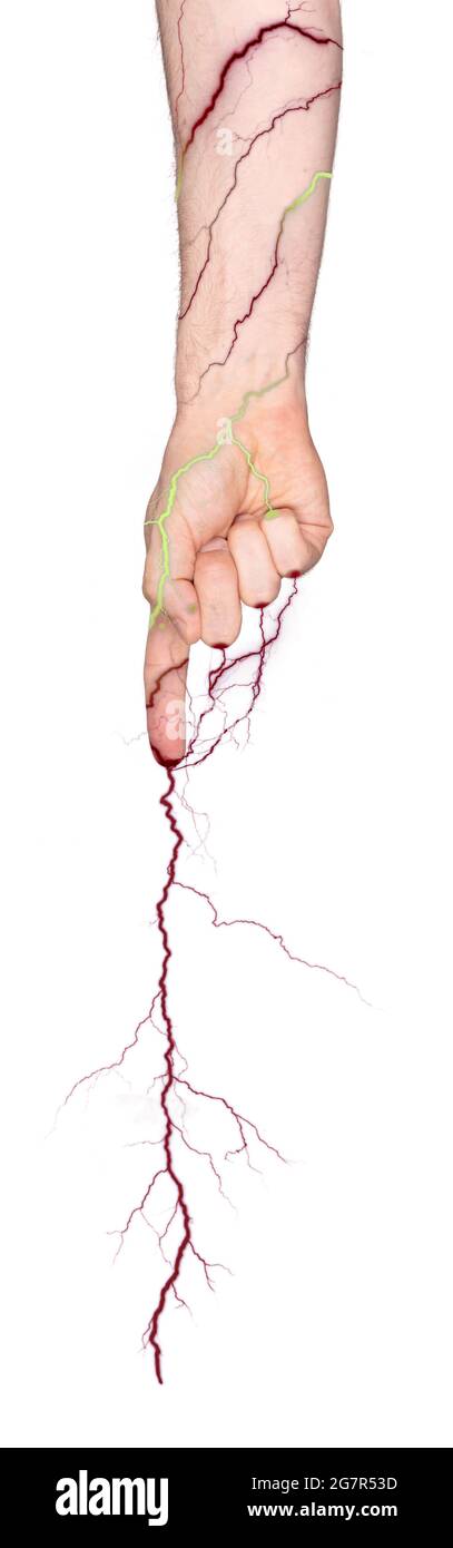 Conceptual image of a hand that is shooting out a bolt of lightning ...