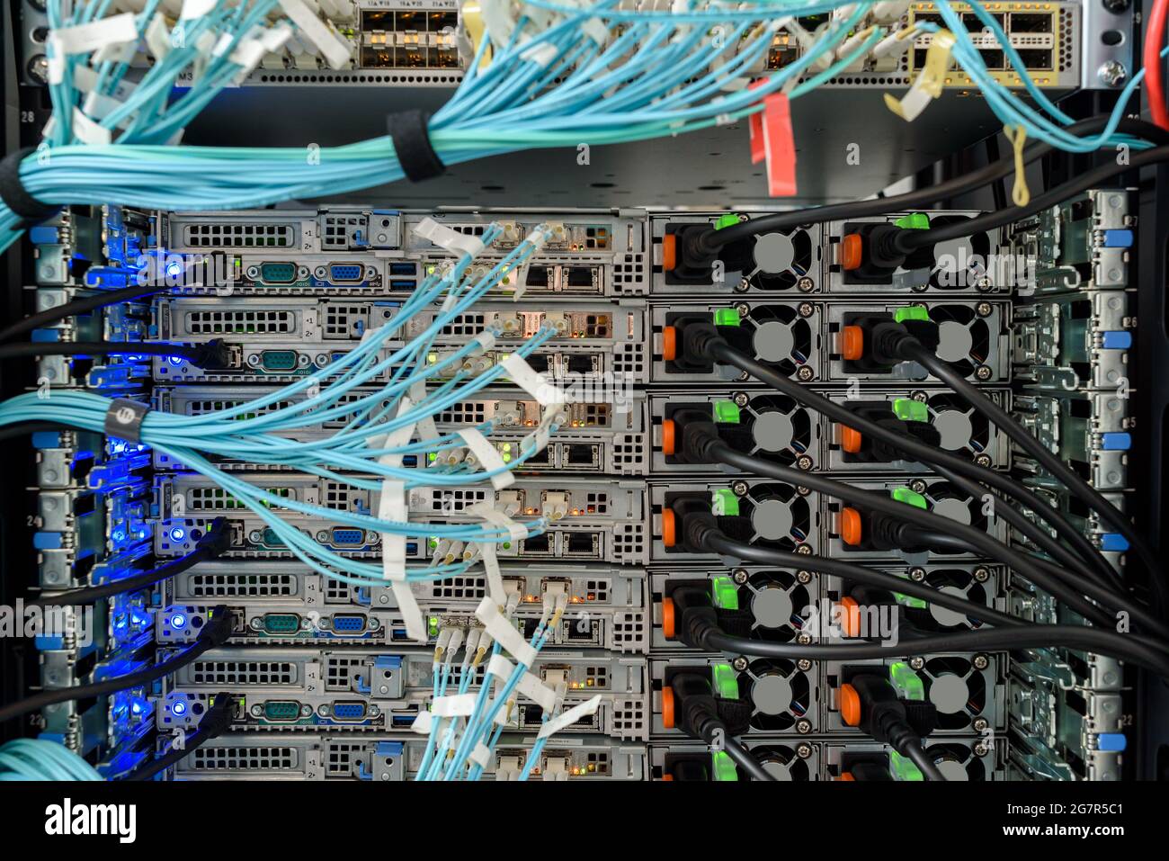 Working servers, switches or routers in data center with a lot of led ...