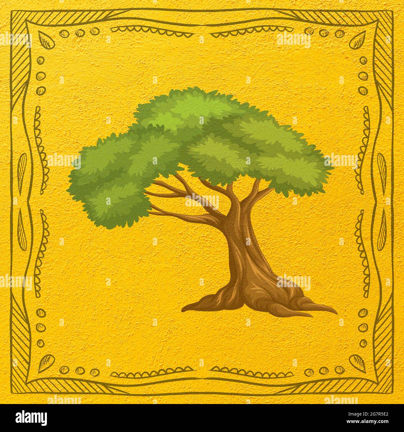 yellow tiles background with tree drawing Stock Photo - Alamy