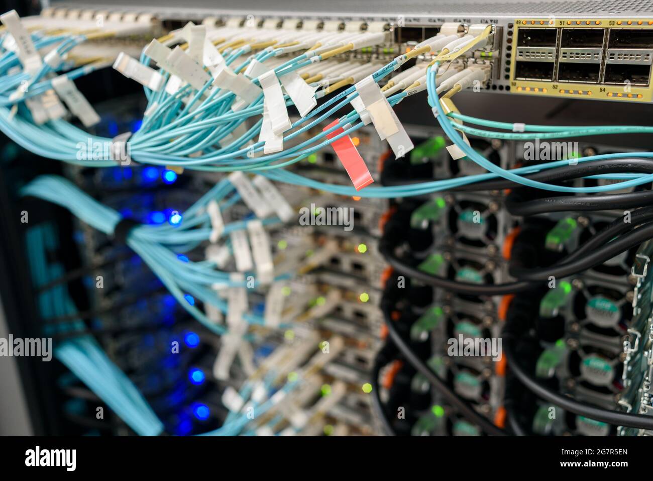 Working servers, switches or routers in data center with a lot of led ...