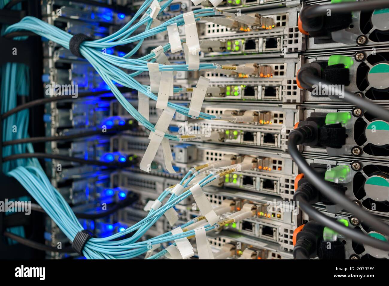 Working servers, switches or routers in data center with a lot of led ...