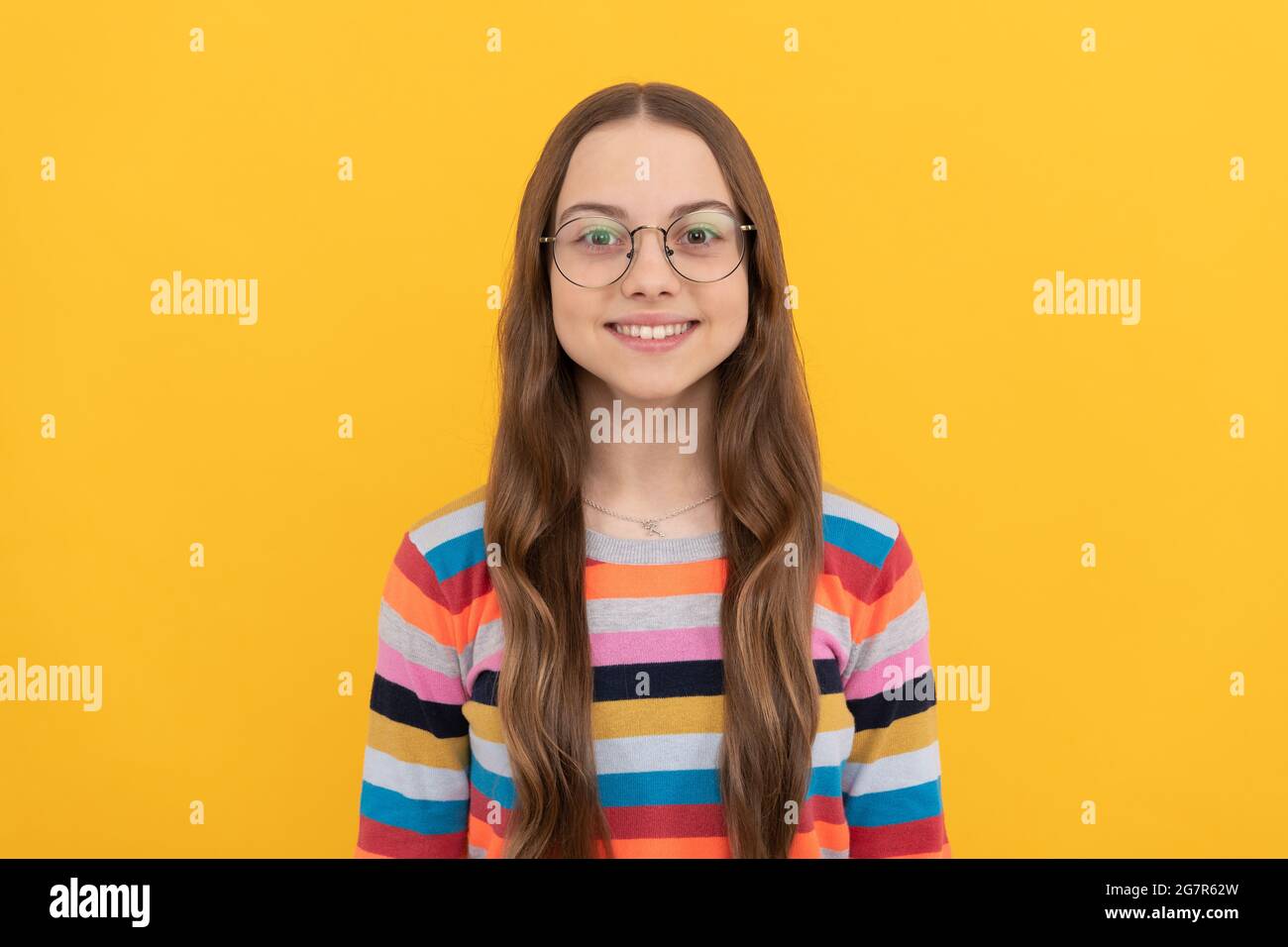 happy teen girl look through eyeglasses. vision acuity. eyesight ...