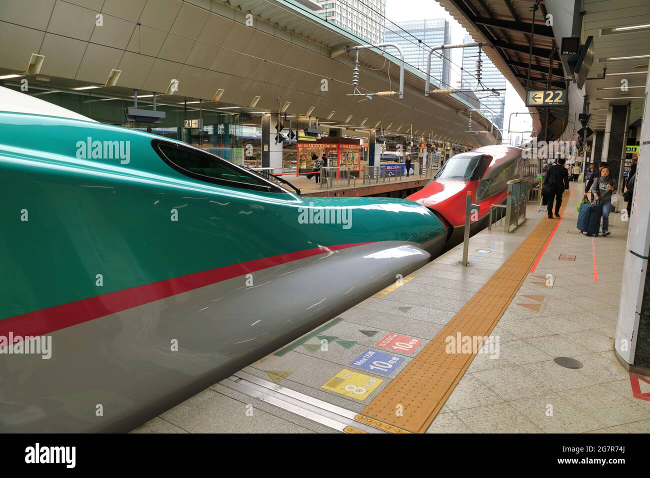 TOHOKU, JAPAN - APR 2018 : Shinkansen series E5 HAYABUSA( green ) connect with series E6 KOMASHI ...
