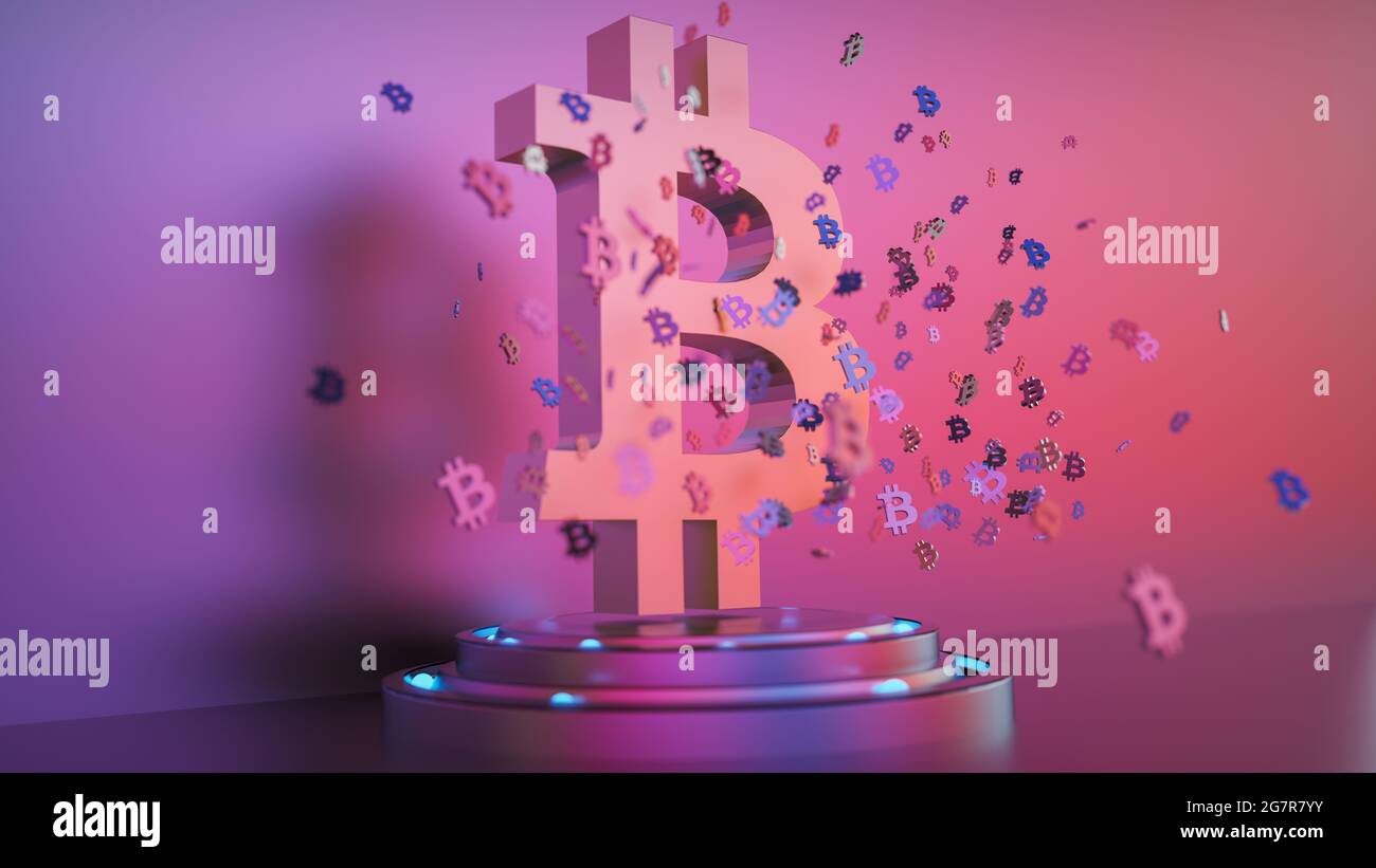 3D rendering of small icons surrounding a shiny bitcoin trophy isolated ...
