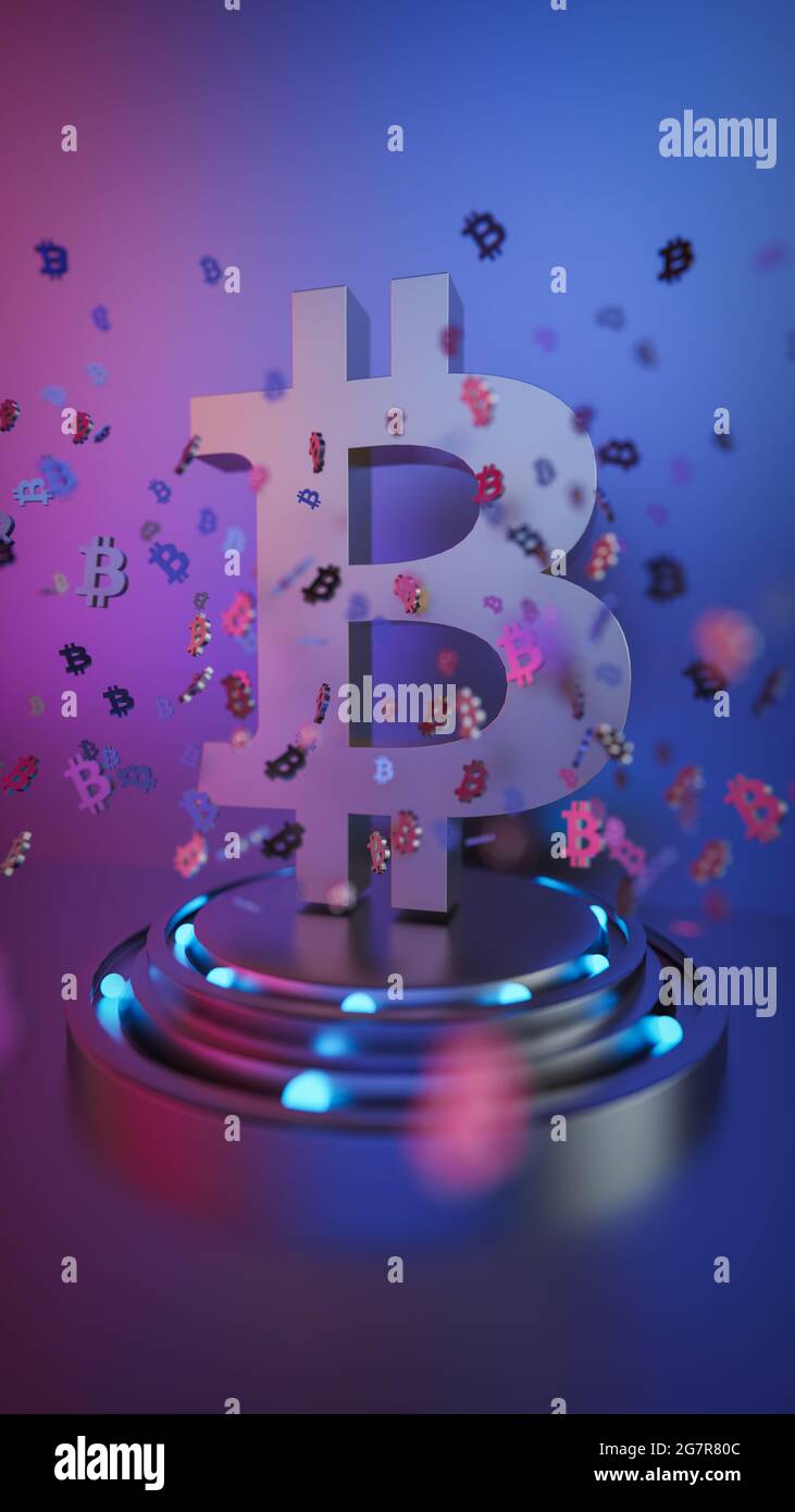 3D rendering of small icons surrounding a shiny bitcoin trophy Stock ...