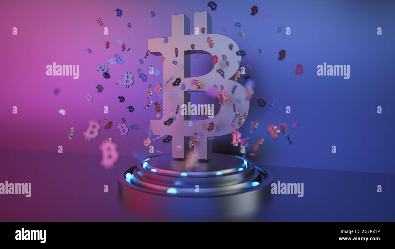 3D rendering of small icons surrounding a shiny bitcoin trophy Stock ...