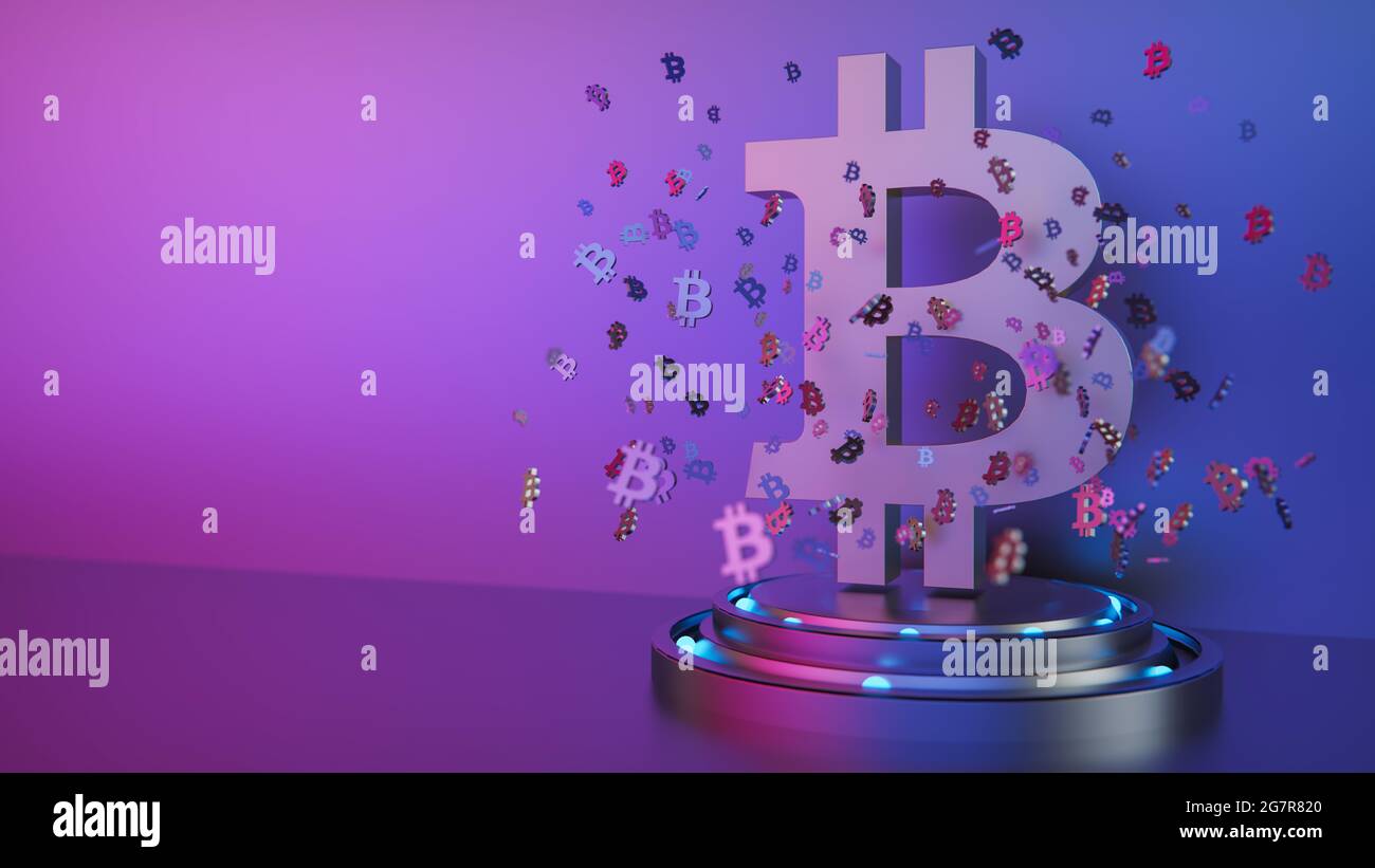 3D rendering of small icons surrounding a shiny bitcoin trophy Stock ...