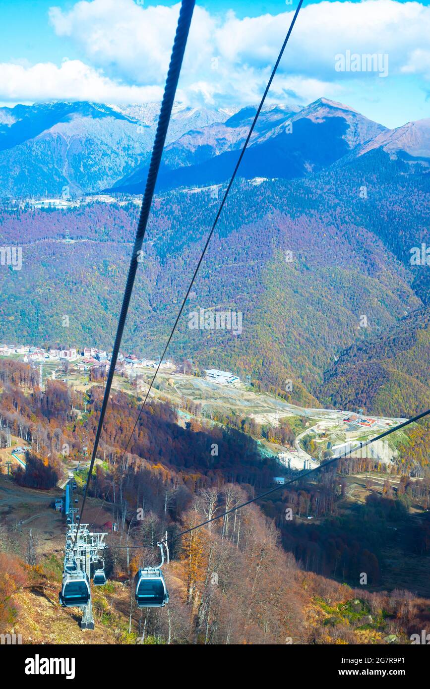 Cable car in the mountains. Autumn mountain landscape Stock Photo - Alamy