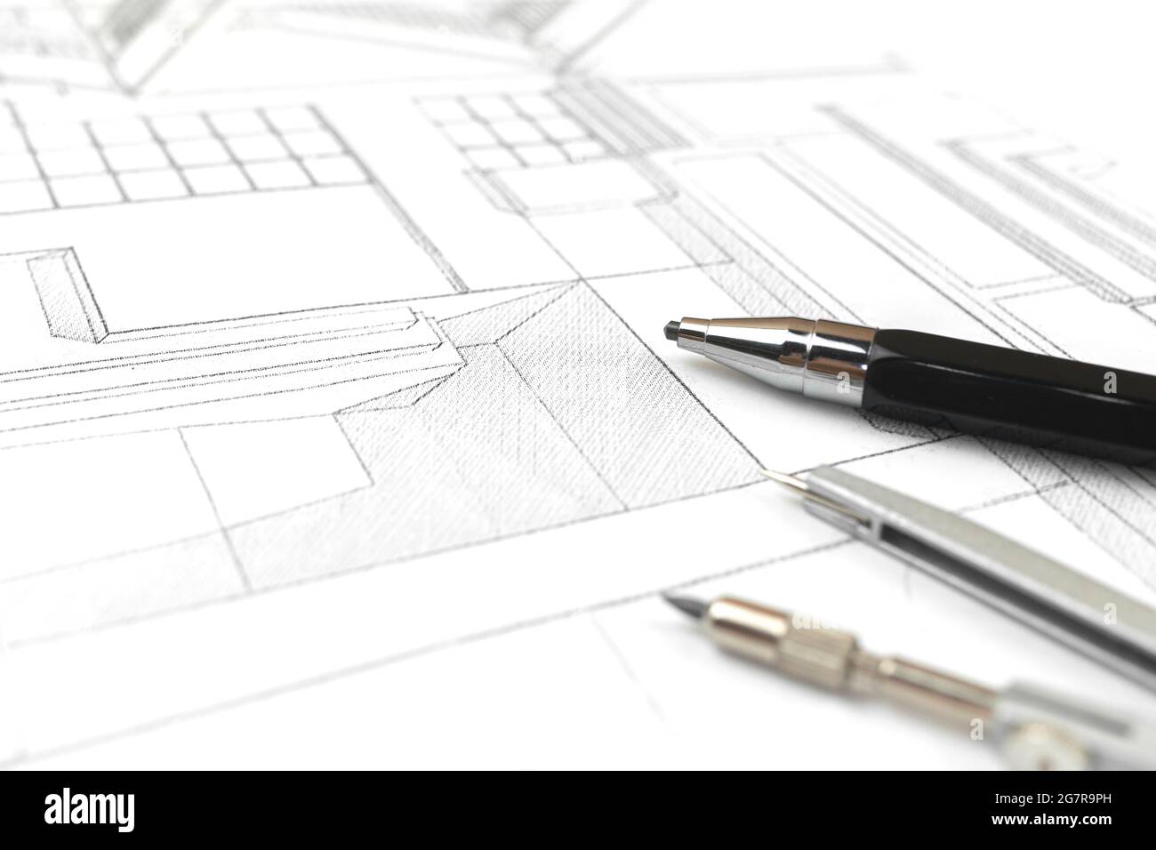 Working in office with blueprints, workplace with architectural plan ...
