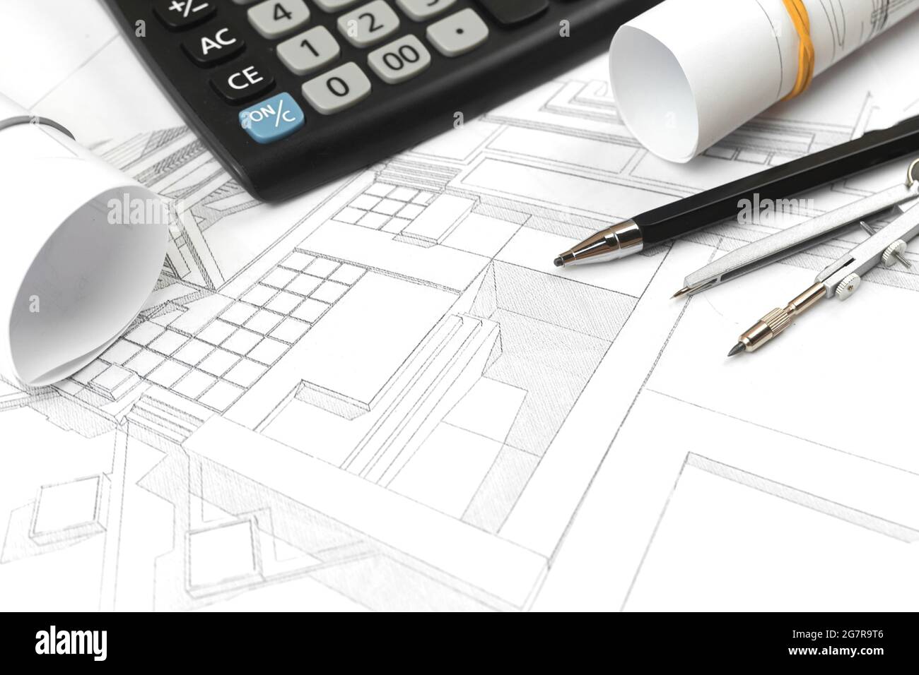 Architectural plan workspace with blueprints. place for your text ...