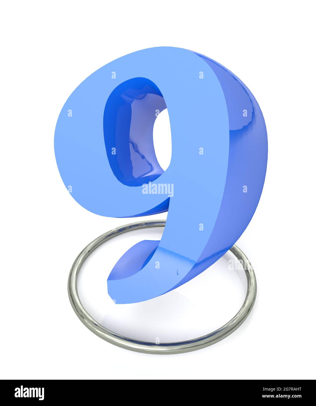 Number 9 blue over metallic circle on white background - 3D rendering ...