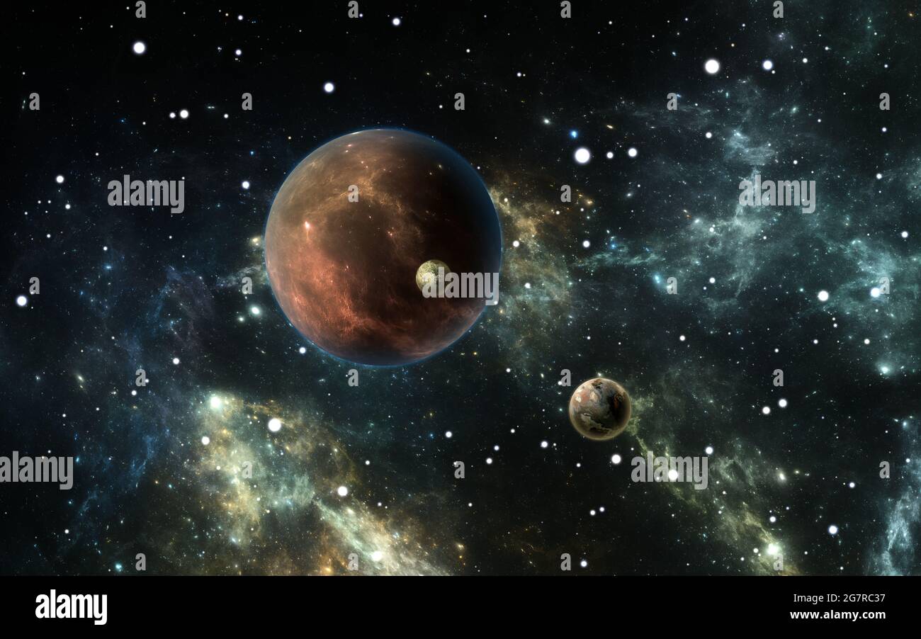 Exoplanets or Extrasolar planets with stars on background nebula, 3D ...