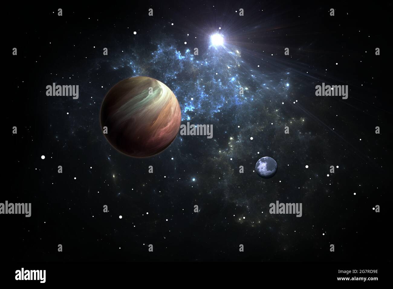 Exoplanets or Extrasolar planets with stars on background nebula, 3D ...