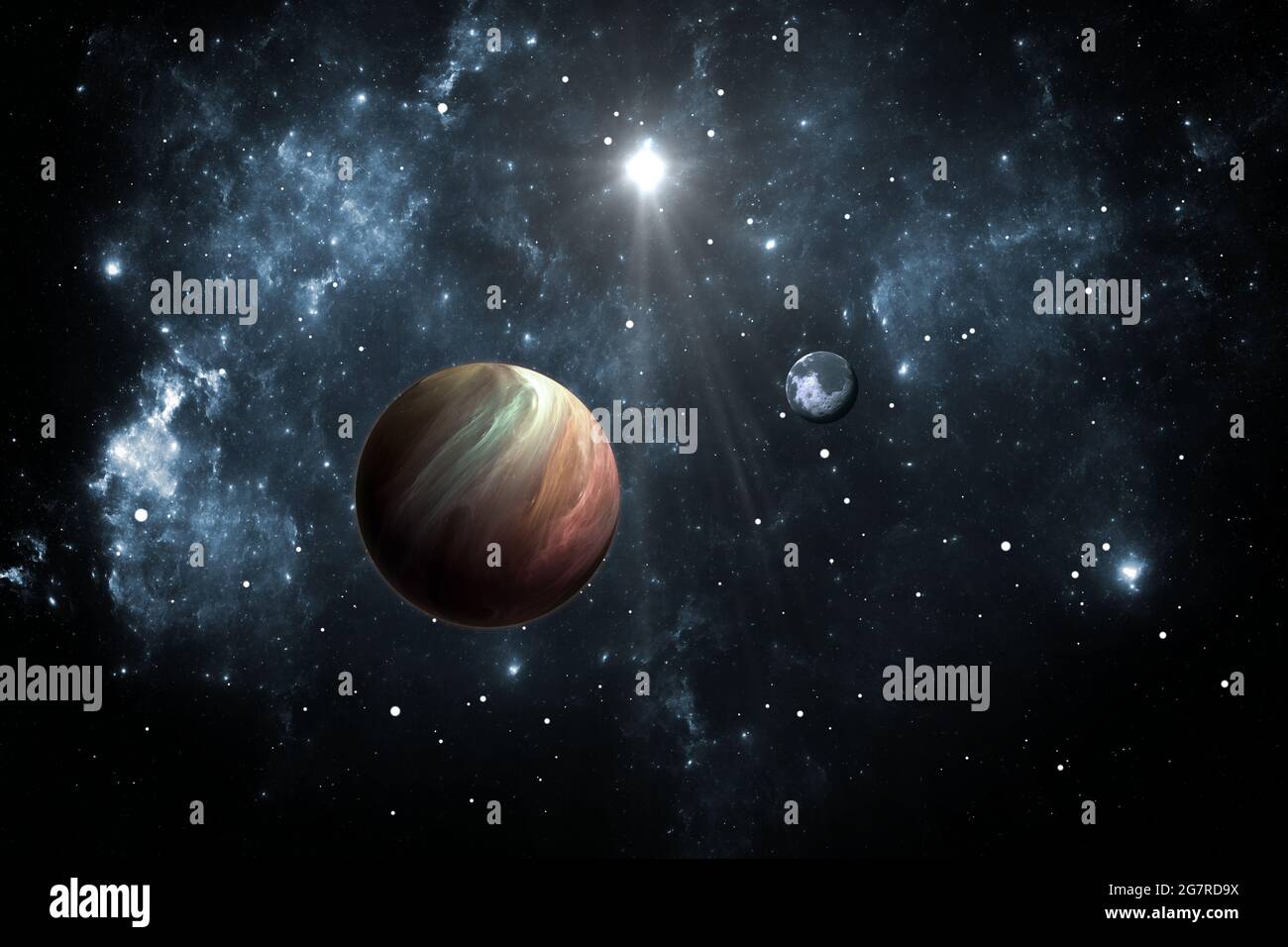 Exoplanets or Extrasolar planets with stars on background nebula, 3D ...