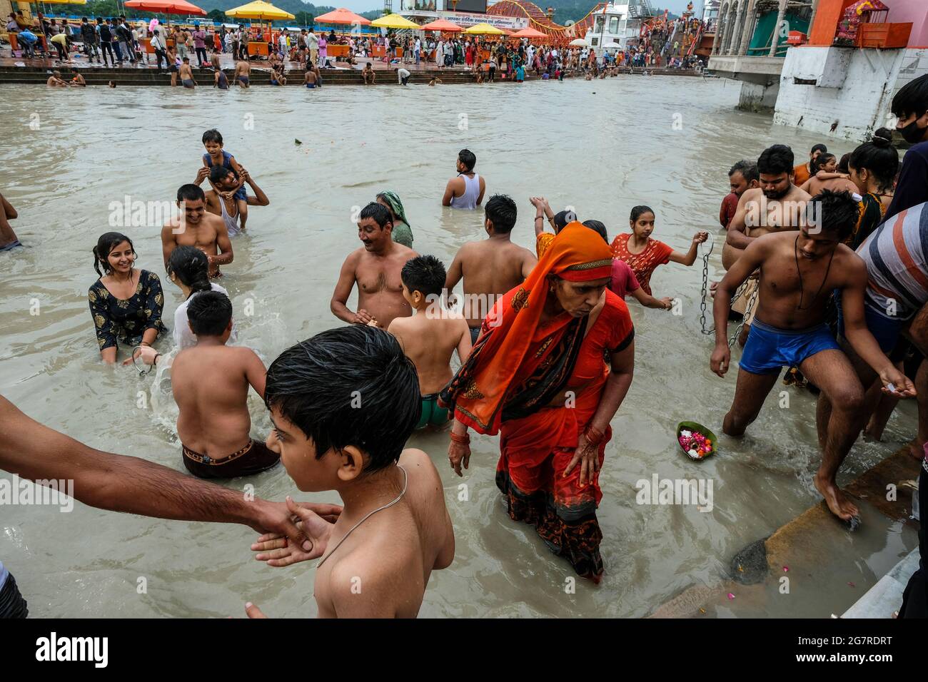 Haridwar, India - July 2021: Pilgrims bathing in the Ganges River at ...