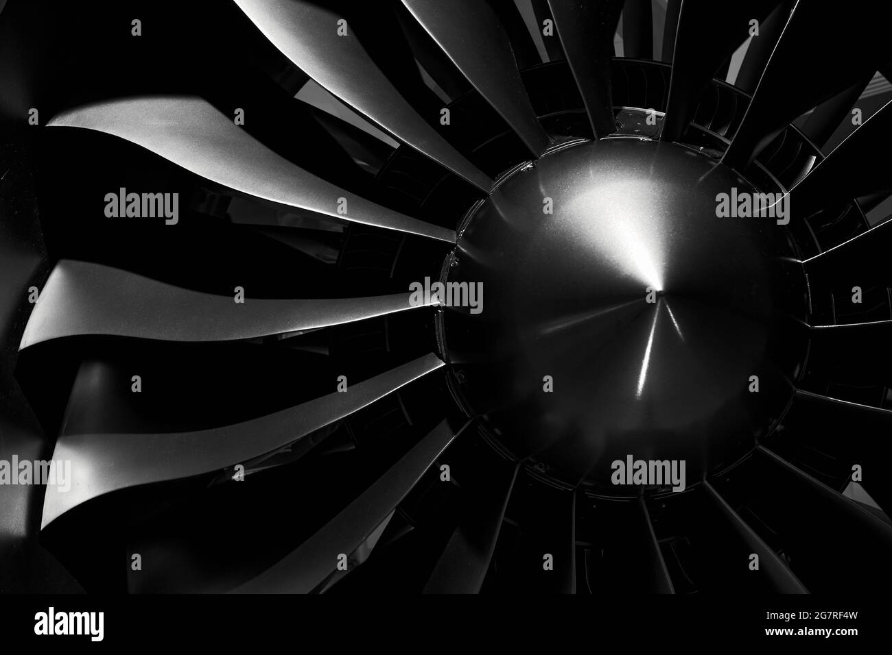 Modern turbofan engine. close up of turbojet of aircraft on black ...