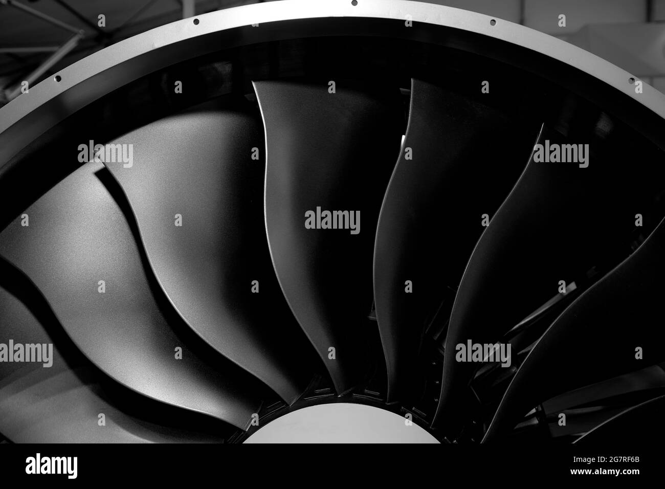 Modern turbofan engine. close up of turbojet of aircraft on black ...