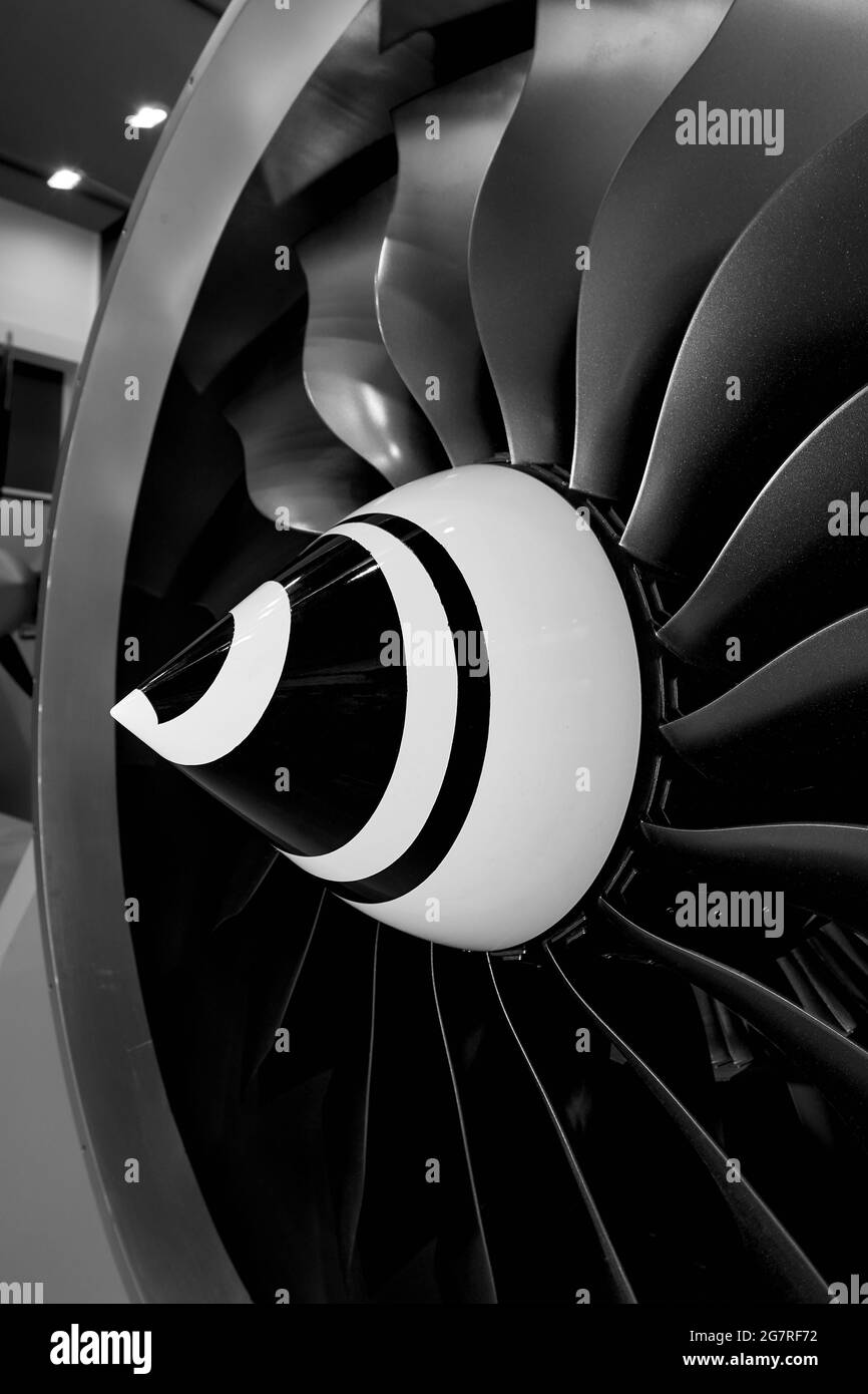 Modern turbofan engine. close up of turbojet of aircraft on black ...