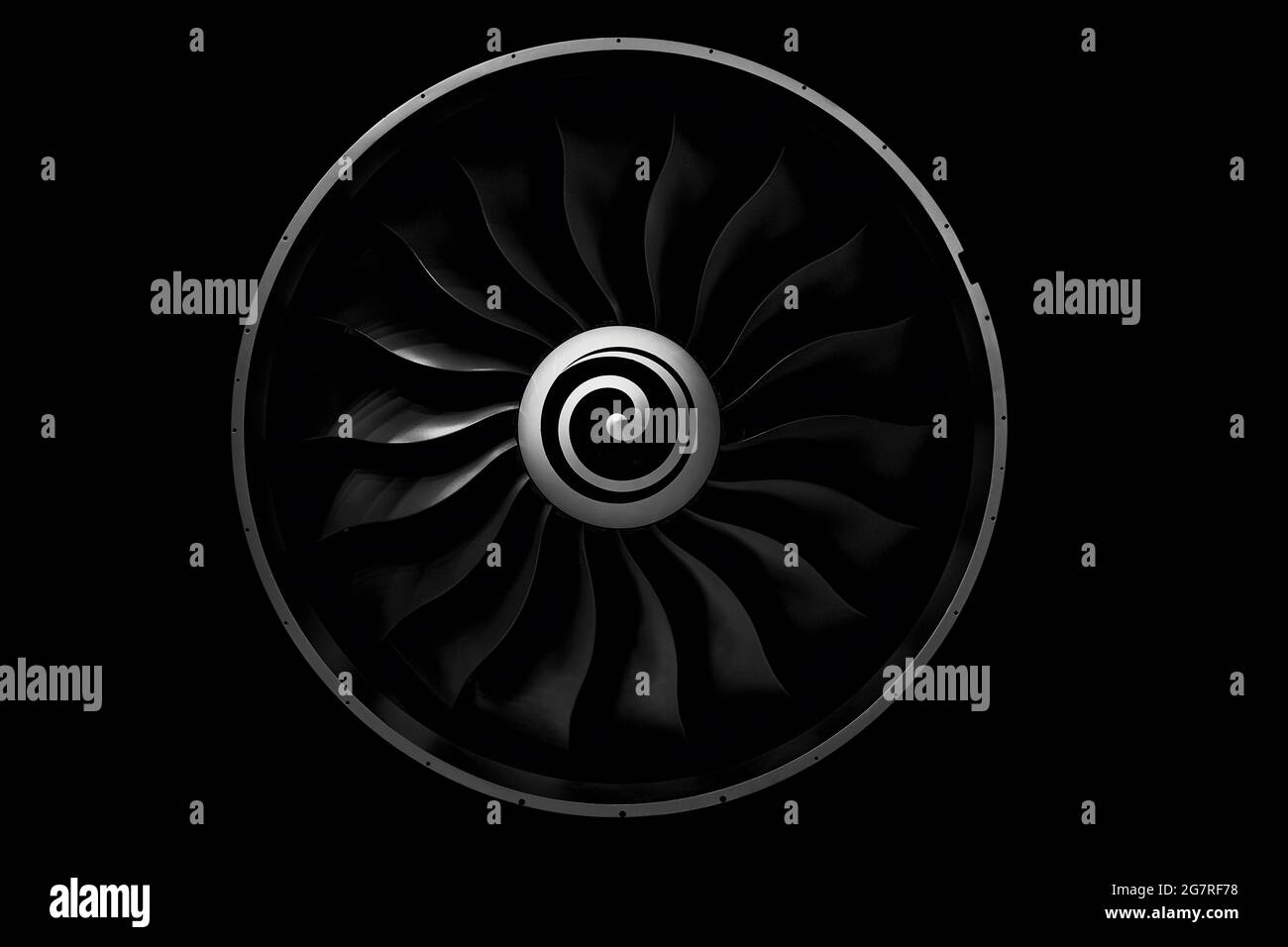 Modern turbofan engine. close up of turbojet of aircraft on black ...