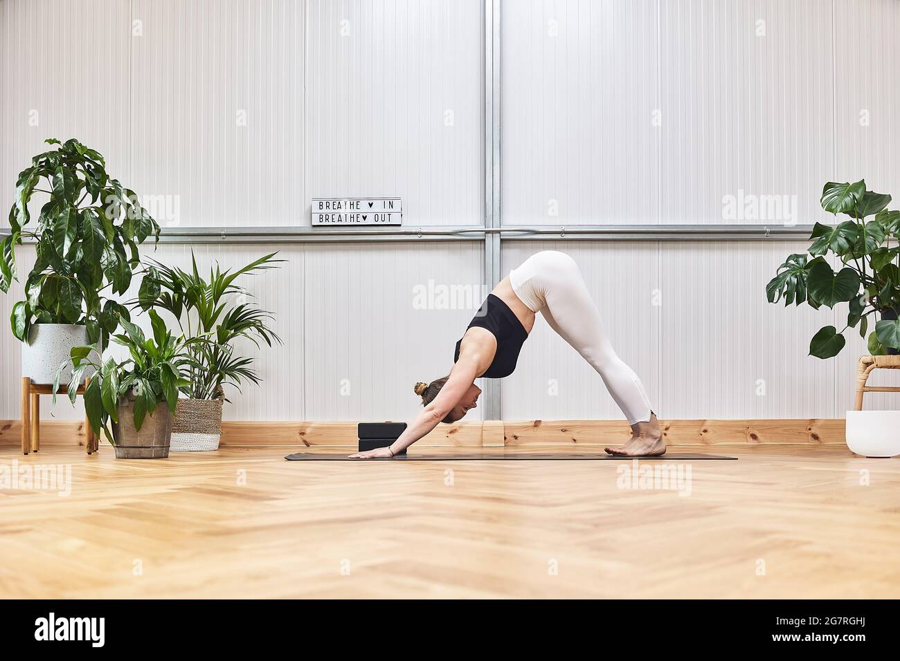 woman making an inverted yoga asana bridge with a lower copy space for ...