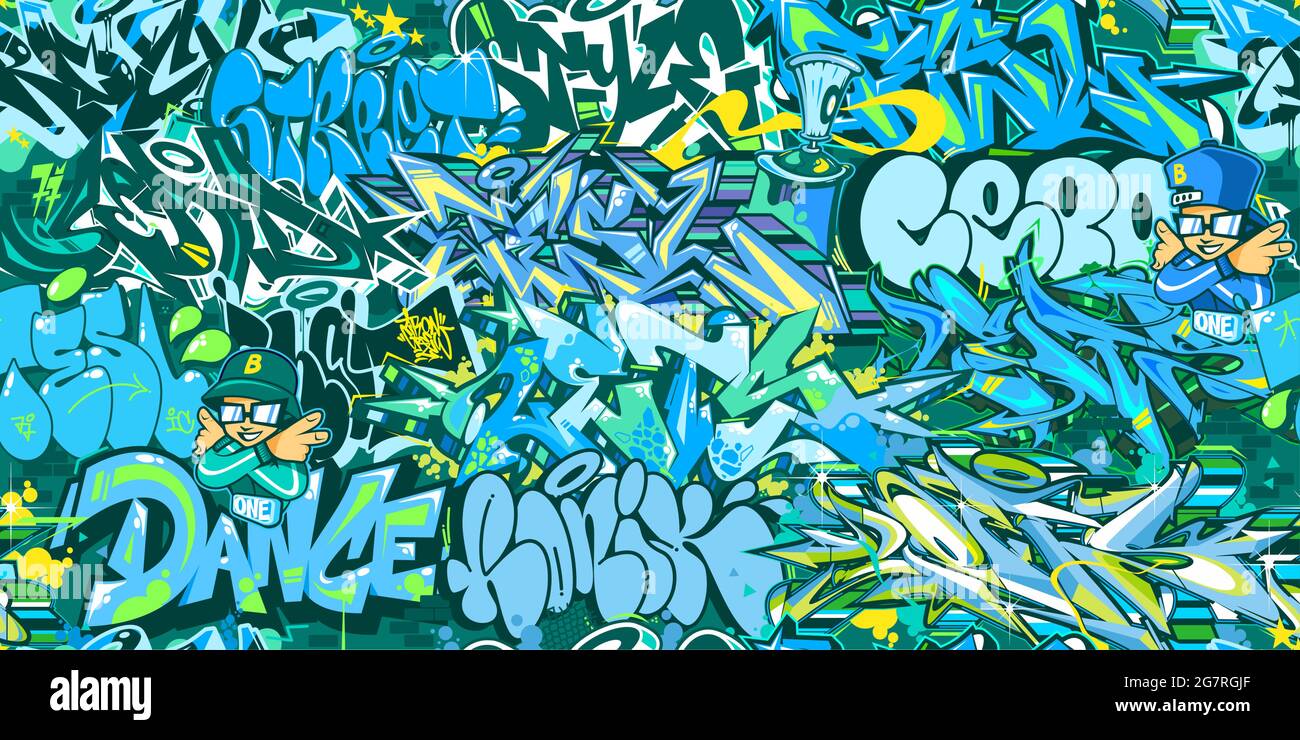 Abstract Blue Urban Graffiti Street Art Seamless Pattern. Vector ...