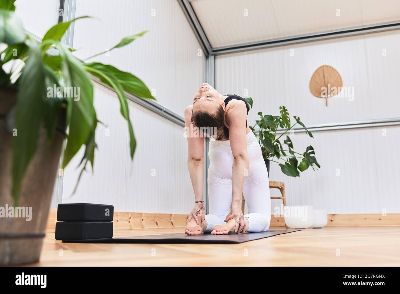 Caucasian woman stretching her back, forming an arch to perform a ...
