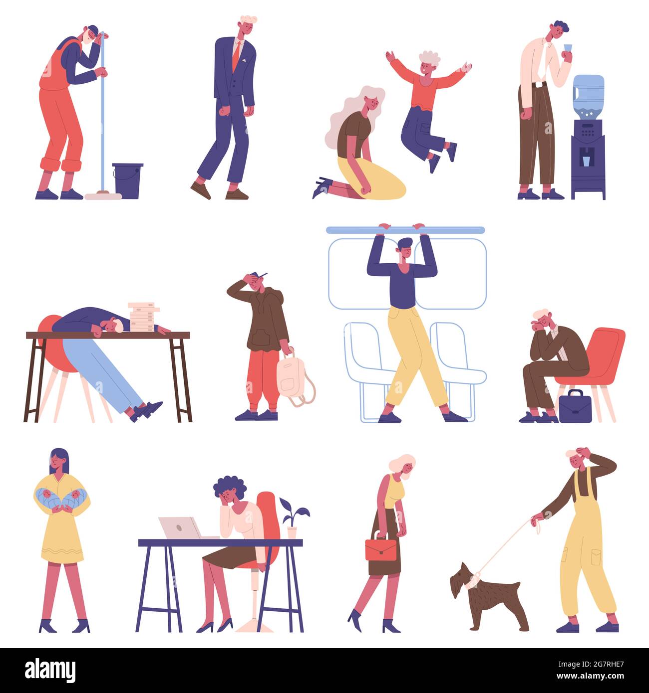 Tired people. Sleepy exhausted male and female characters, burnout ...