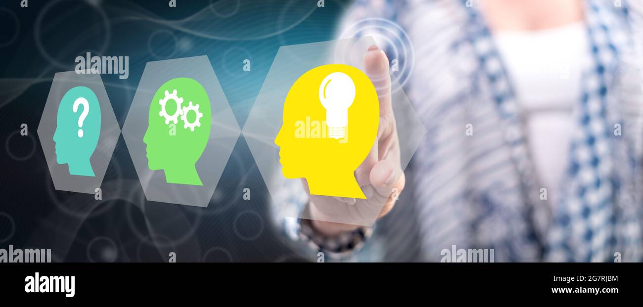 Woman touching an innovation concept on a touch screen with her finger ...