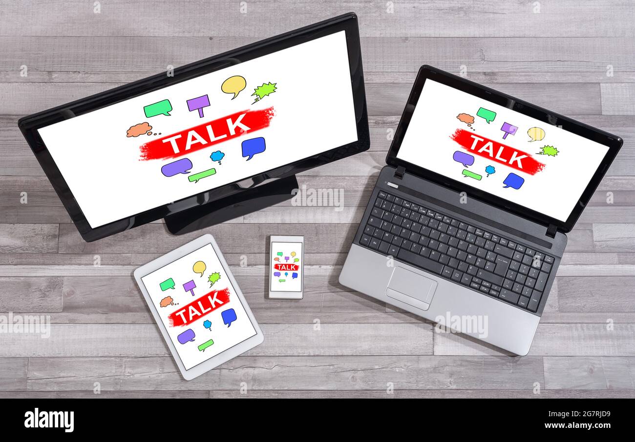 Talk concept shown on different information technology devices Stock ...