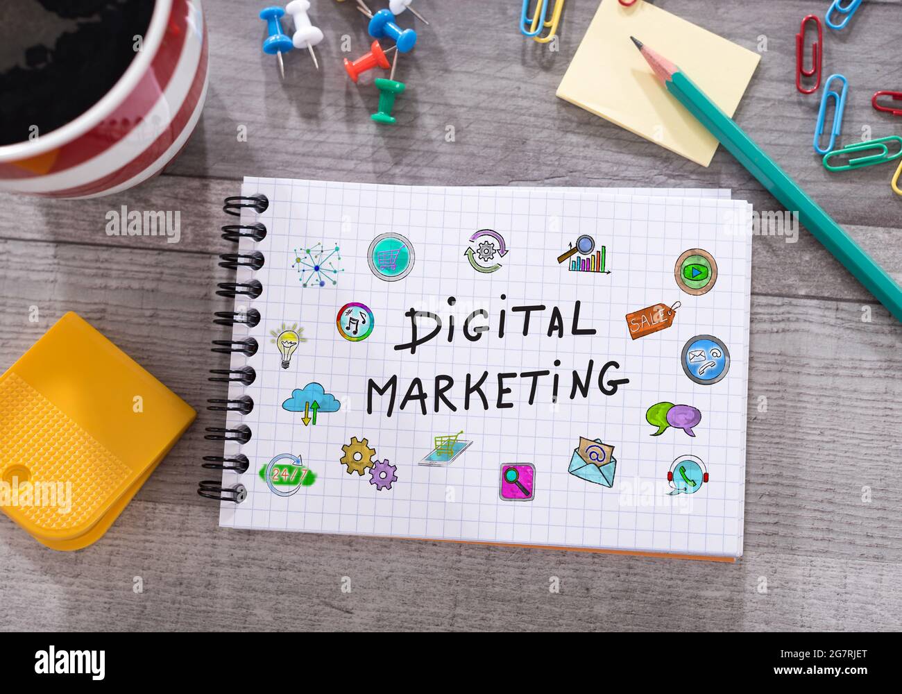 Digital marketing concept drawn on a notepad placed on a desk Stock ...